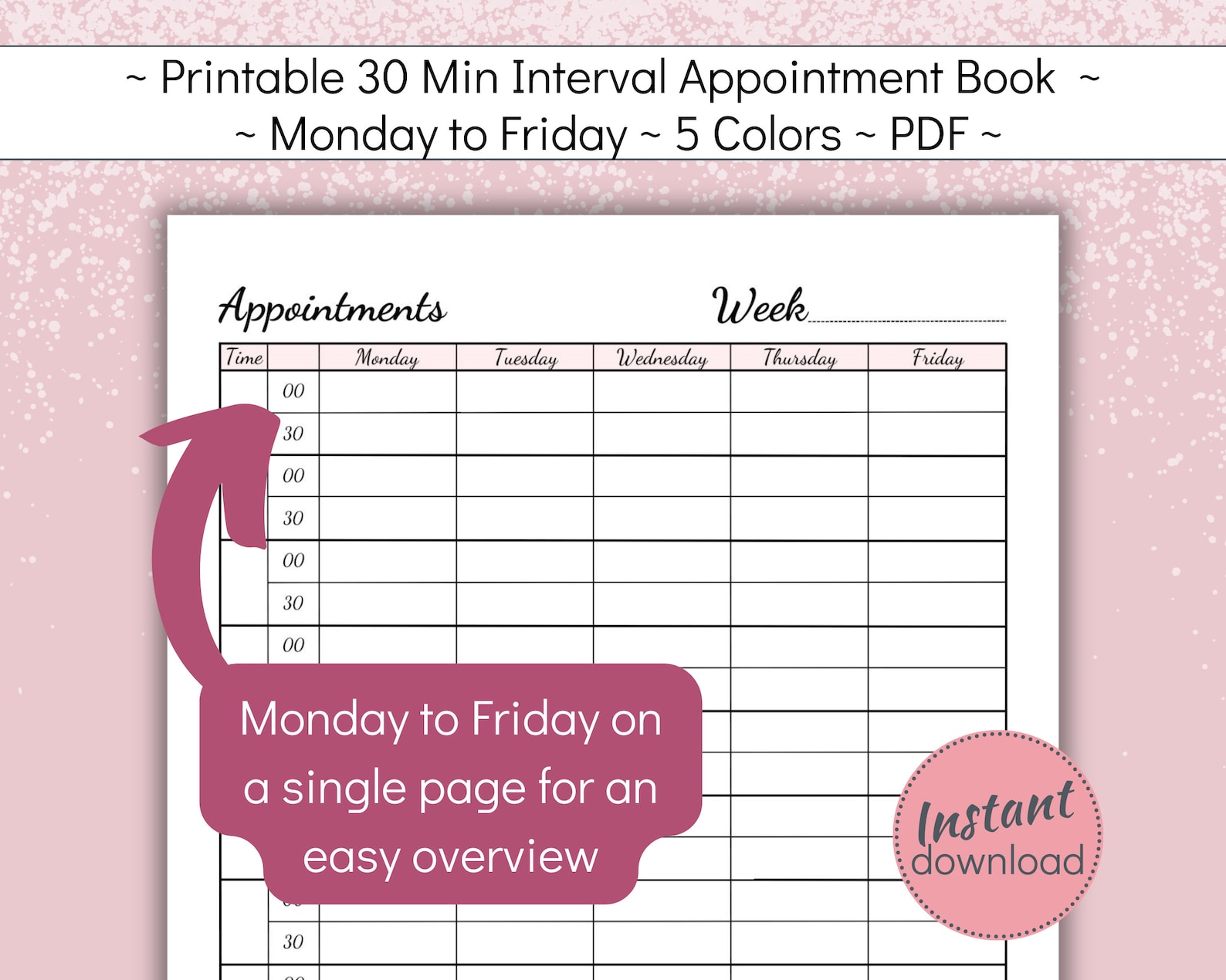 Printable Appointment Planner With 30 Minute Time Slots Monday to ...