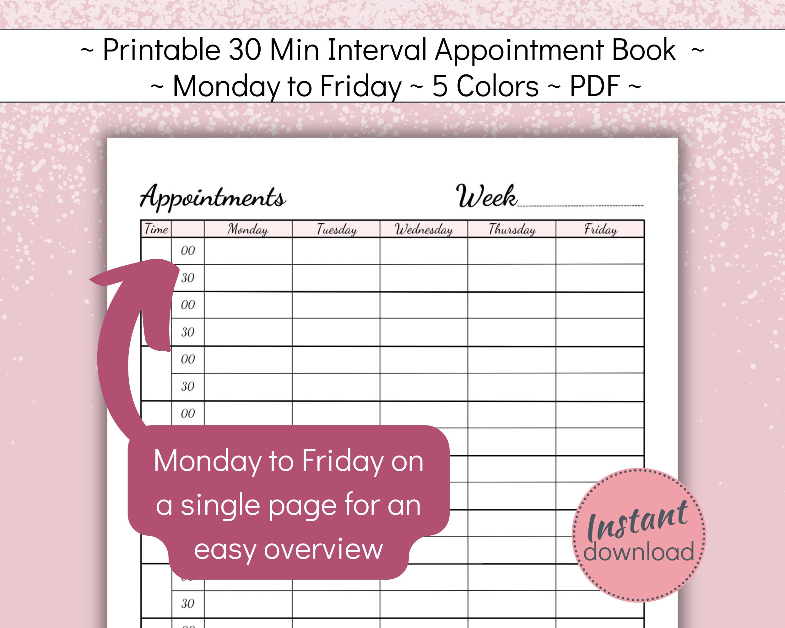 Printable Appointment Planner With 30 Minute Time Slots Monday to ...