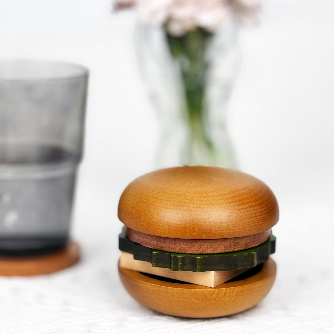 Birthday gift Custom Wooden Handmade Burger Coaster Set Magnetic ...