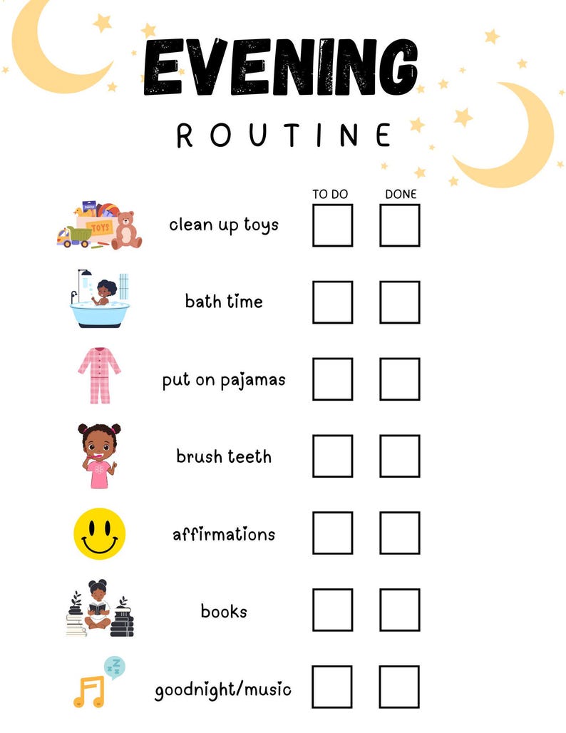 Toddler Morning and Evening Routine Printables (black Children Clip Art ...