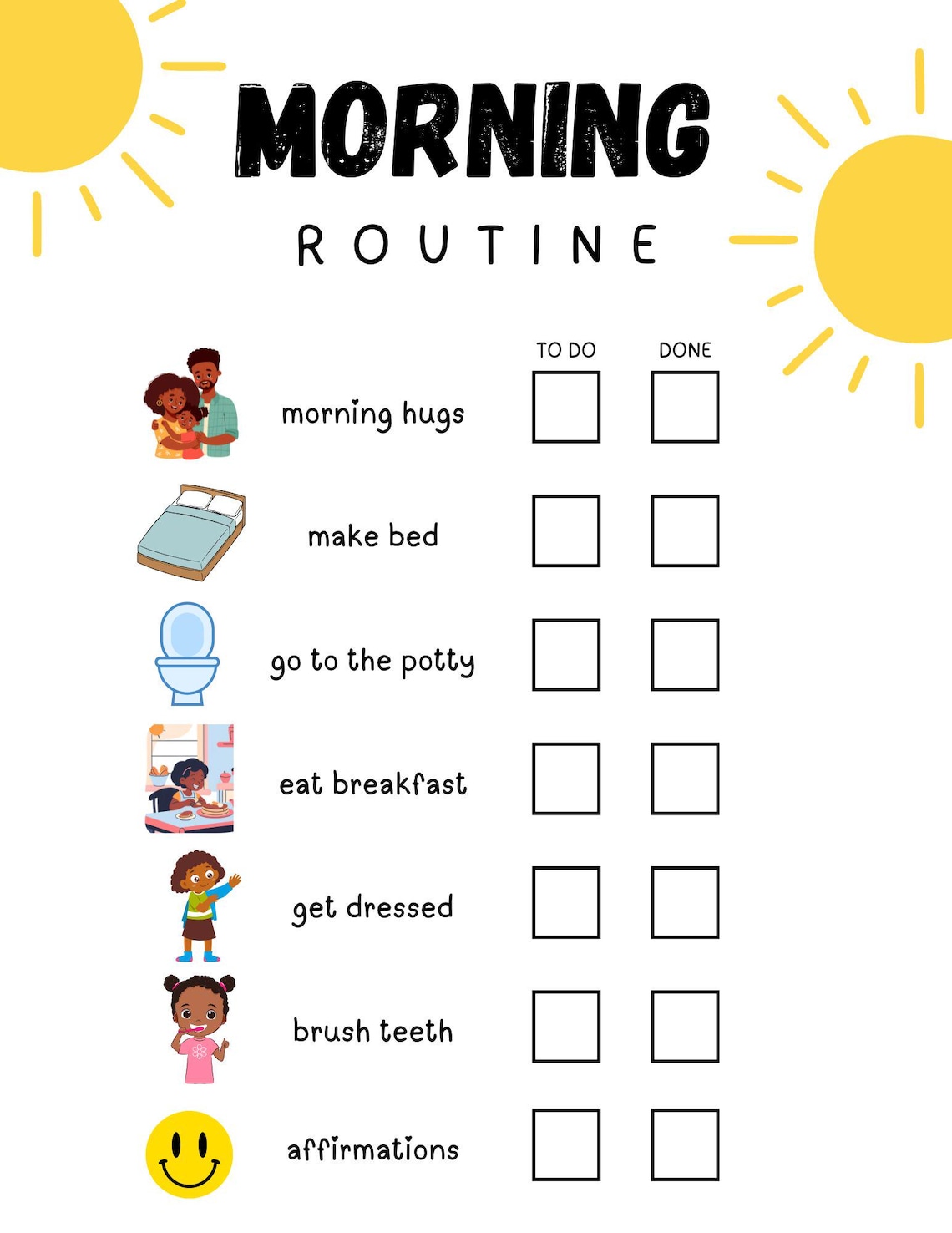 Toddler Morning and Evening Routine Printables (black Children Clip Art ...