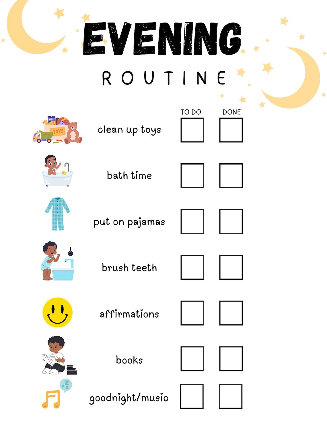 Toddler Morning and Evening Routine Printables (black Children Clip Art ...