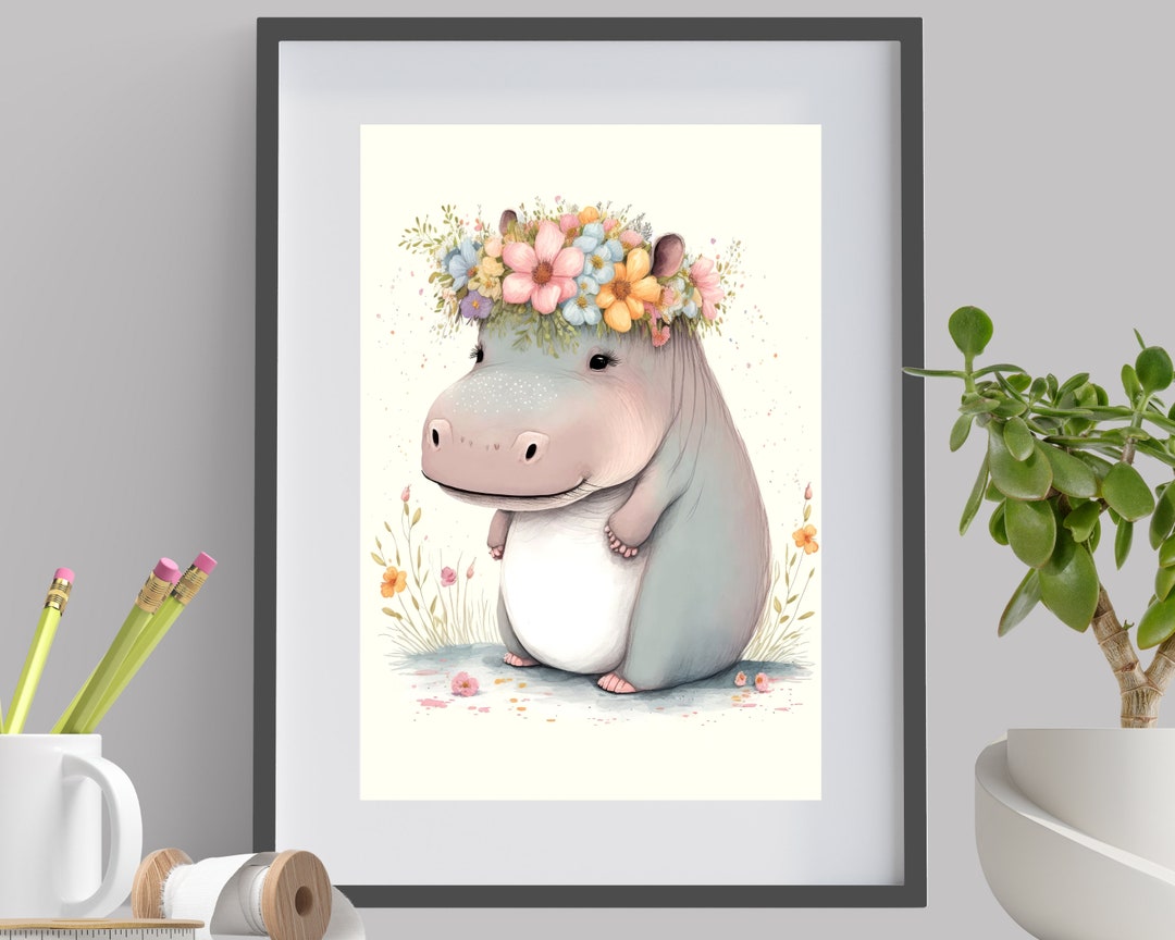 Boho Cartoon Hippo Print for Nursery Cute Animal Poster Printable Wall ...
