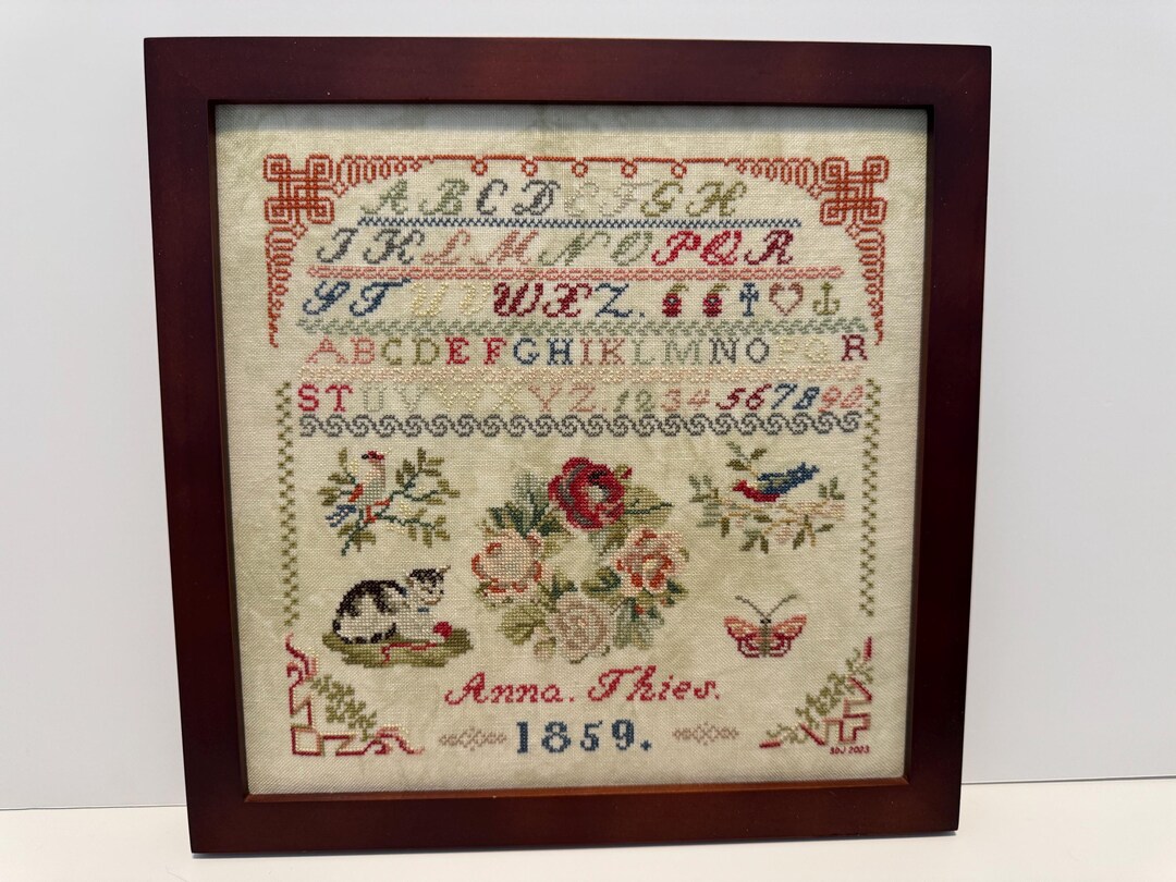 Anne Thies 1859 *FRAMED * Handmade Cross-stitched Reproduction Sampler ...