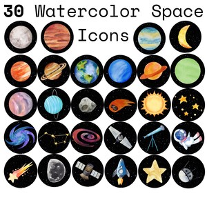 30 Space Watercolor Icons Pack Planets, Stars, Rockets, Moons ...