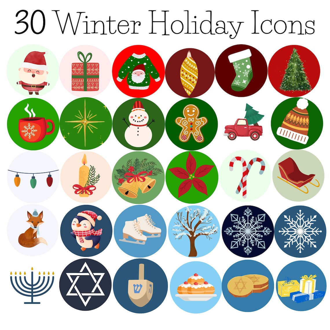 30 Winter Holiday Icons Pack Christmas, Hanukkah, Wintertime Theme Red ...