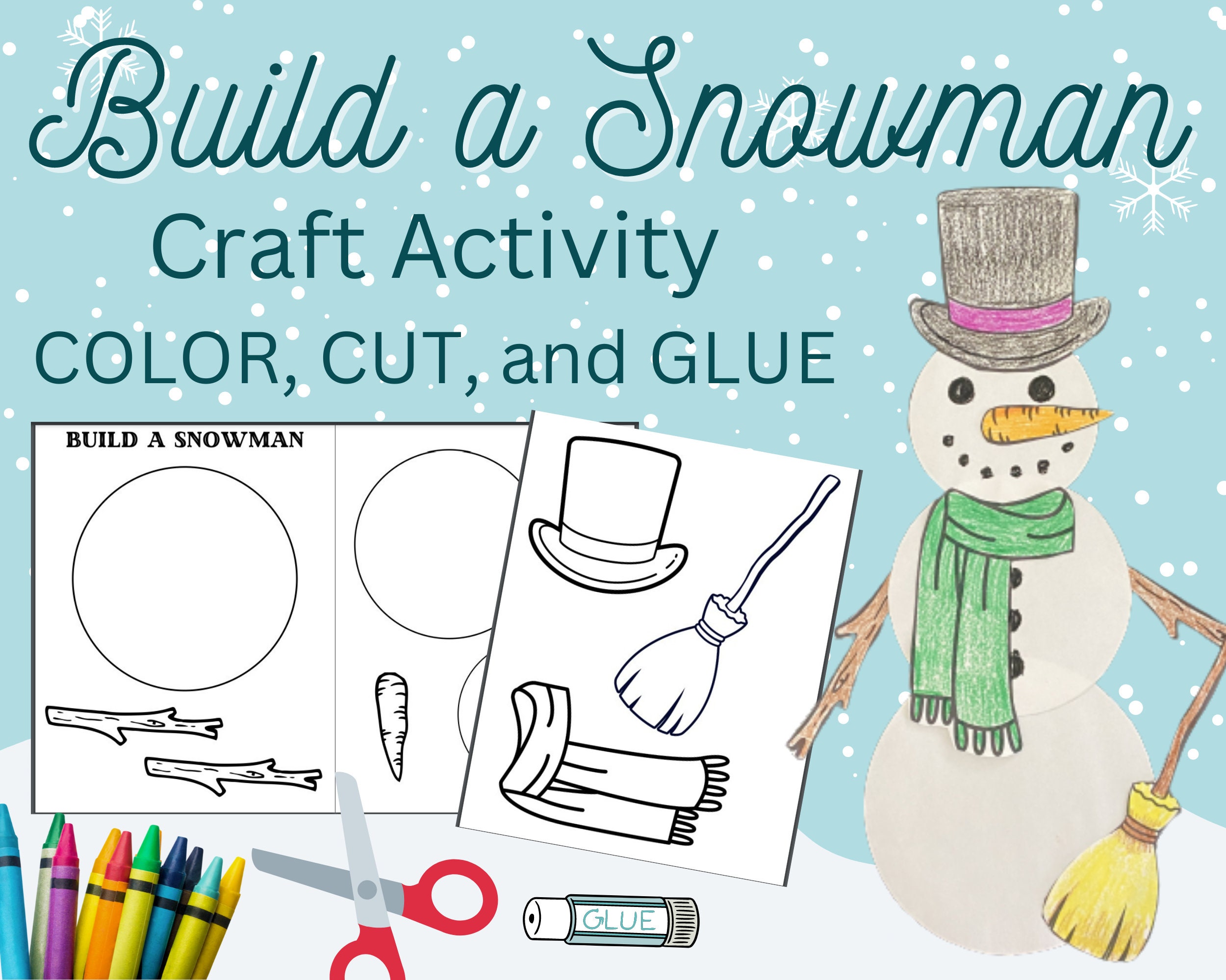 Build a Snowman Color, Cut and Glue Holiday Craft Winter Party Activity ...