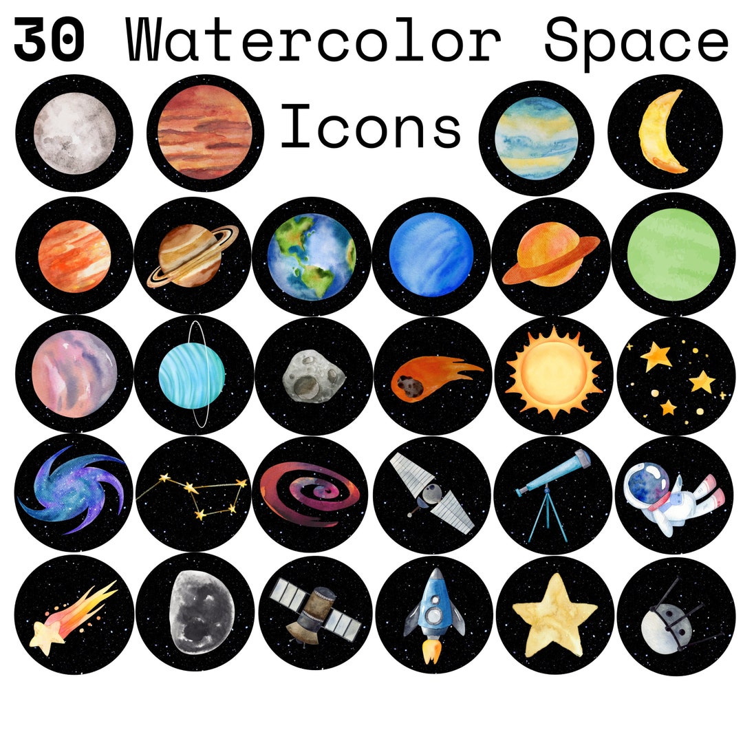 30 Space Watercolor Icons Pack Planets, Stars, Rockets, Moons ...