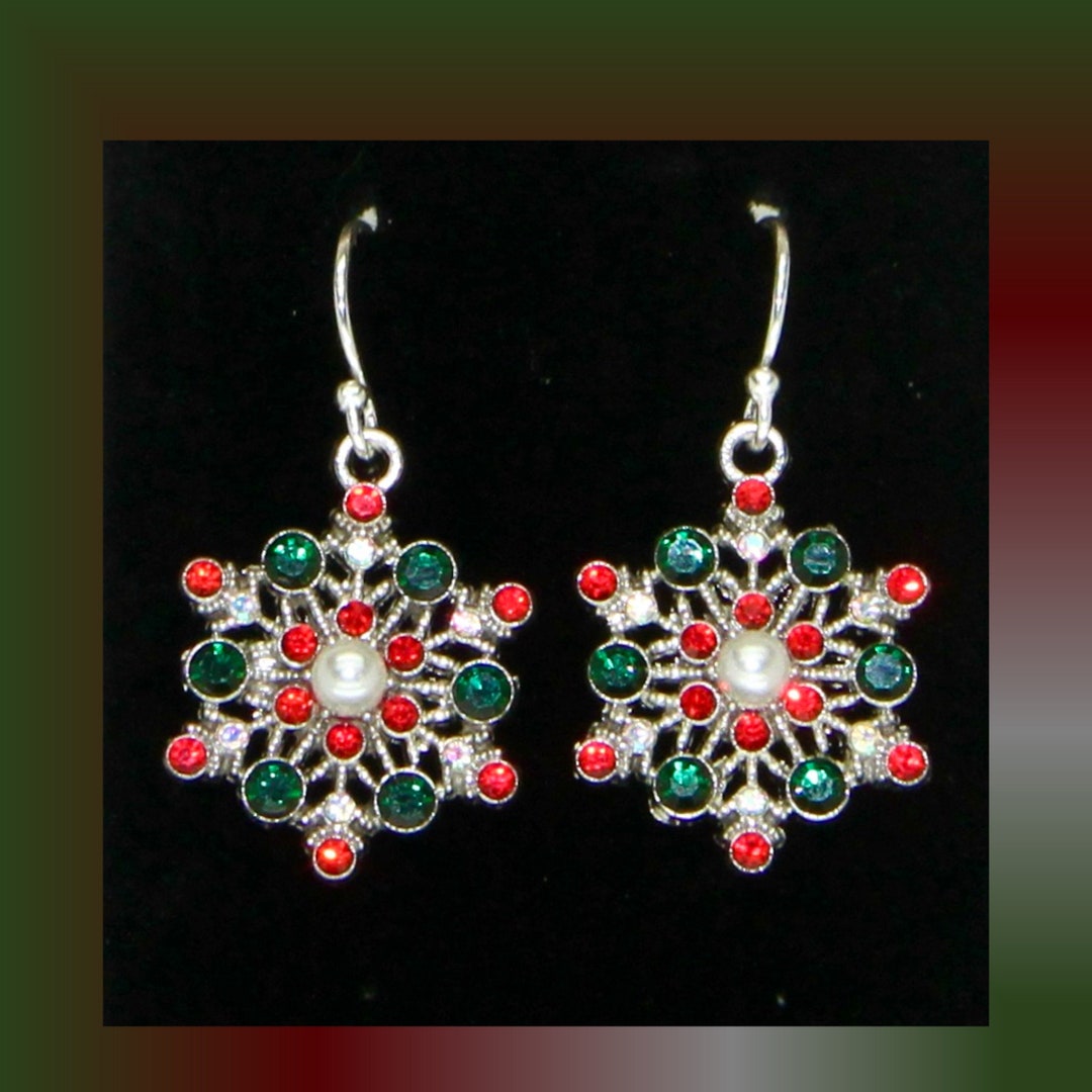 Red & Green Rhinestone Snowflake Drop Earrings With Solid 925 Sterling ...
