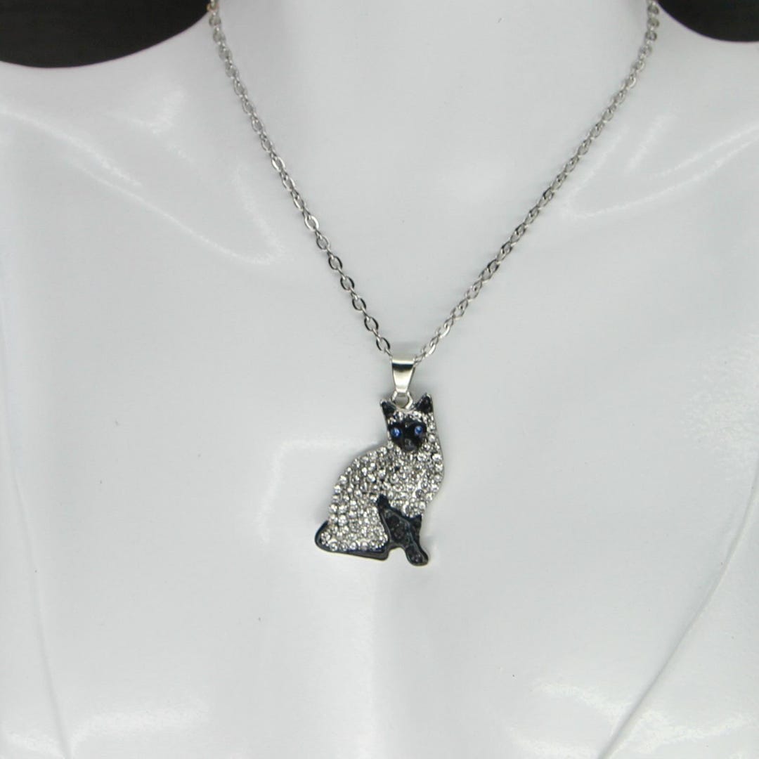 Siamese Cat Charm Necklace With Crystal Inlays on Surgical Stainless ...