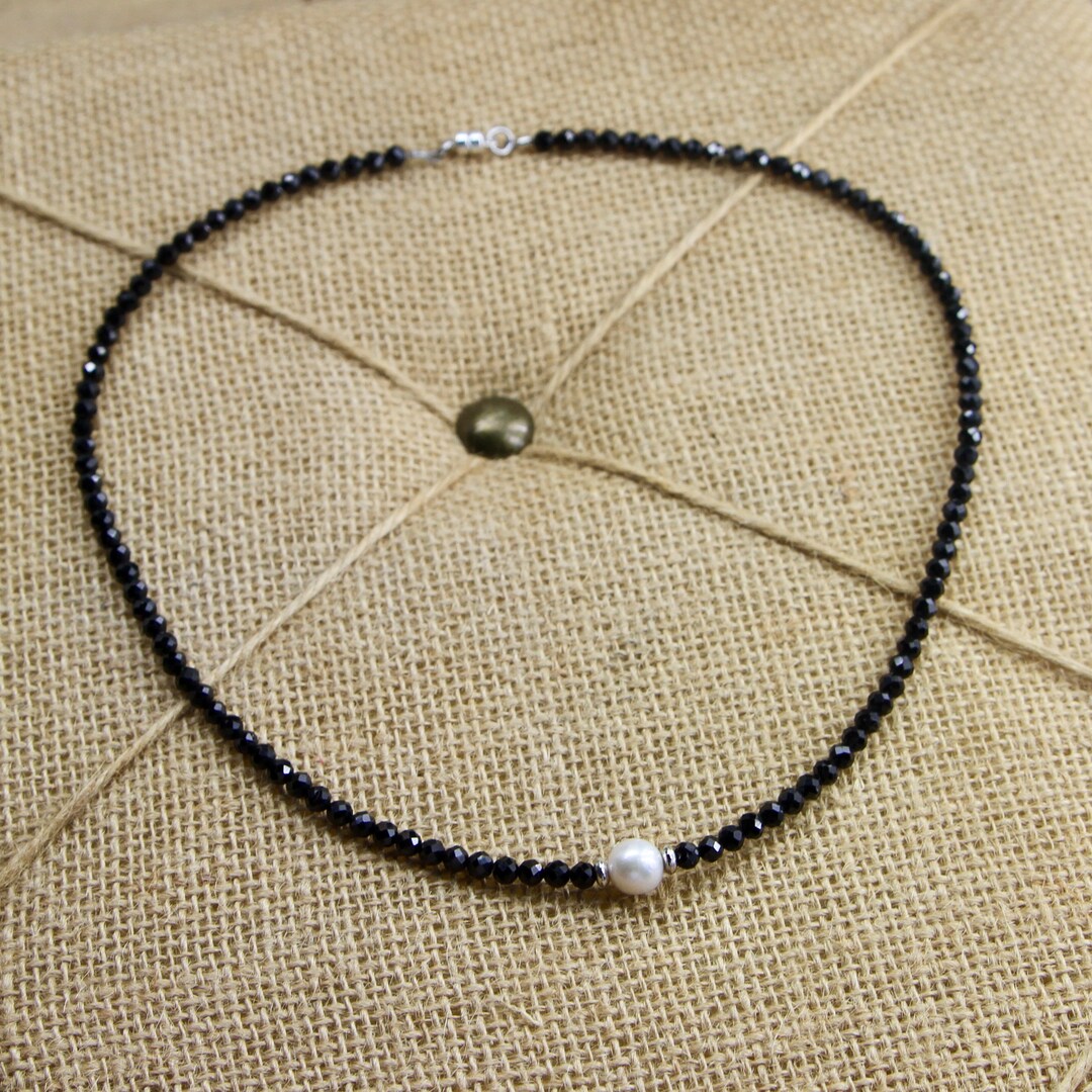 Black Spinel Gemstone Necklace With Center Freshwater Pearl & Surgical ...