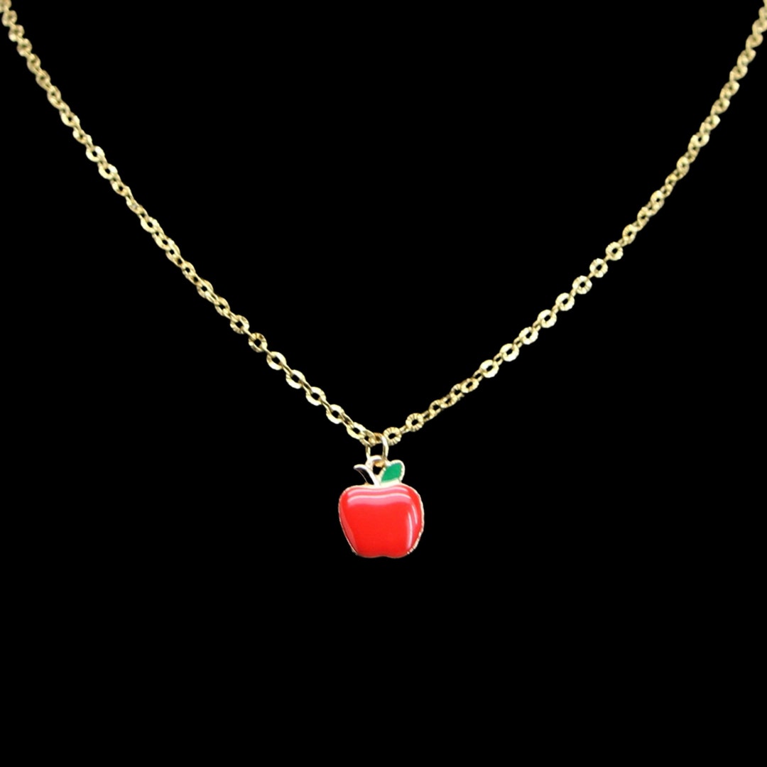 Red Apple on Gold Etched Oval Chain Necklace Shiny Apple With Gold ...