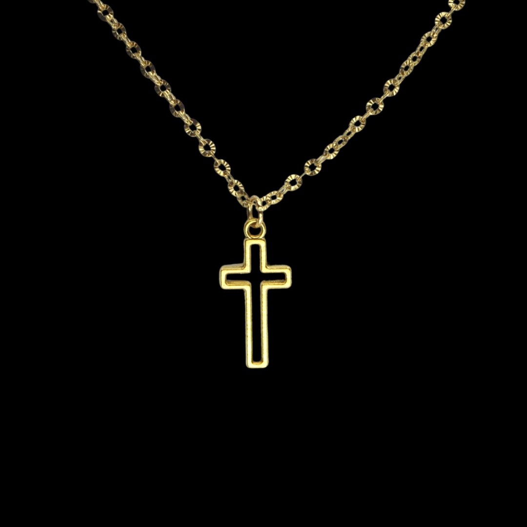 Gold Open Cross † Necklace With 18k Gold Plated Etched Cable Chain ...