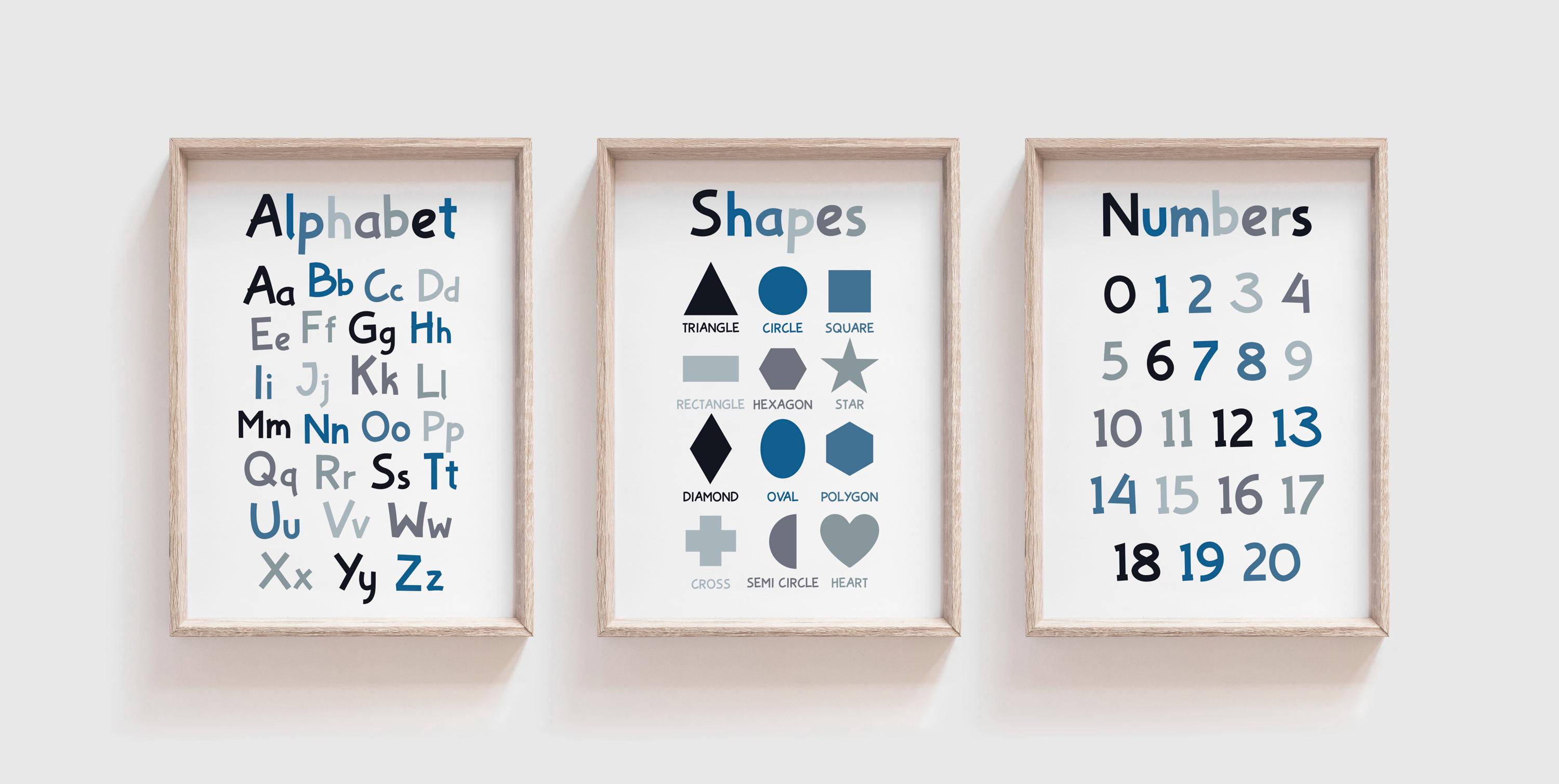 Set of 3 Playroom Prints, Alphabet Chart, Numbers Chart, Educational ...