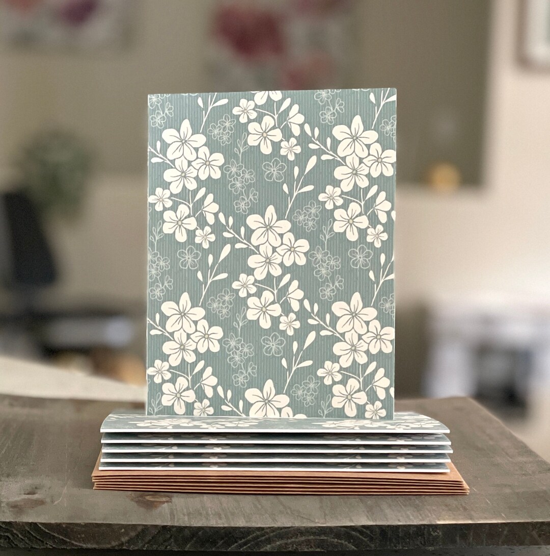 Sage Green Floral Patterned Note Cards - Set of 6 Notecards - Ivory ...