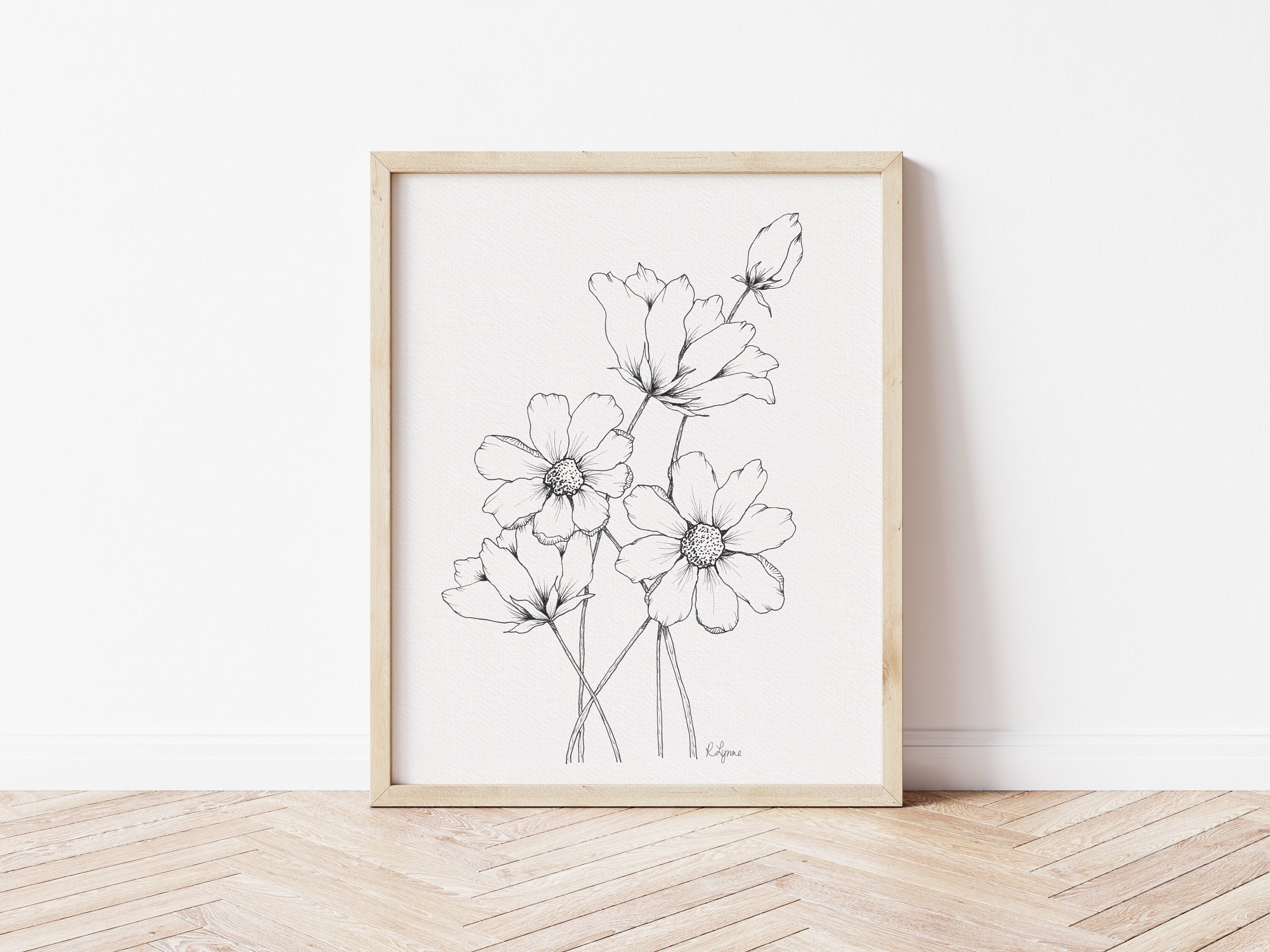 Original Cosmos Flower Ink Sketch - Neutral Drawing Print - Cosmos ...
