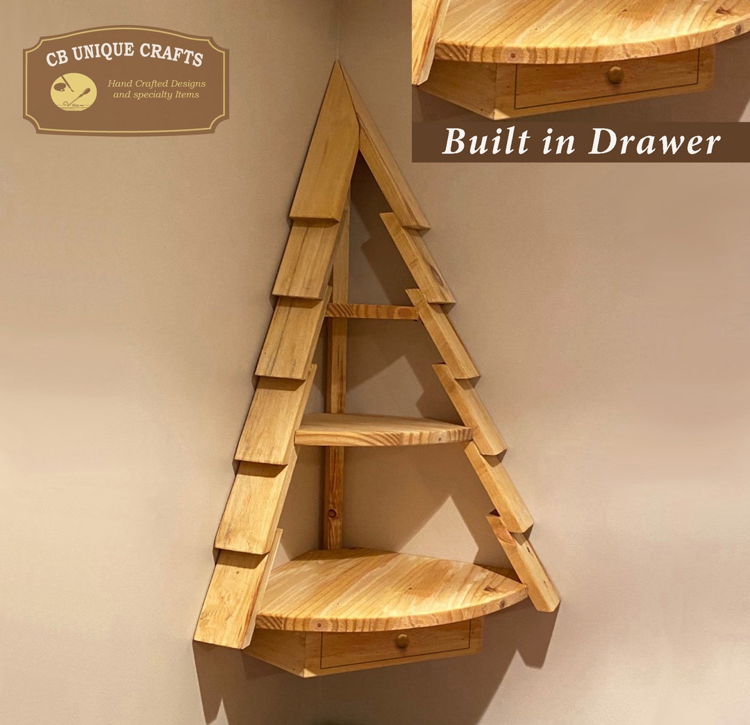 Corner Tree Shelf With Drawer - Christmas Shelf - Rustic Decor - Etsy