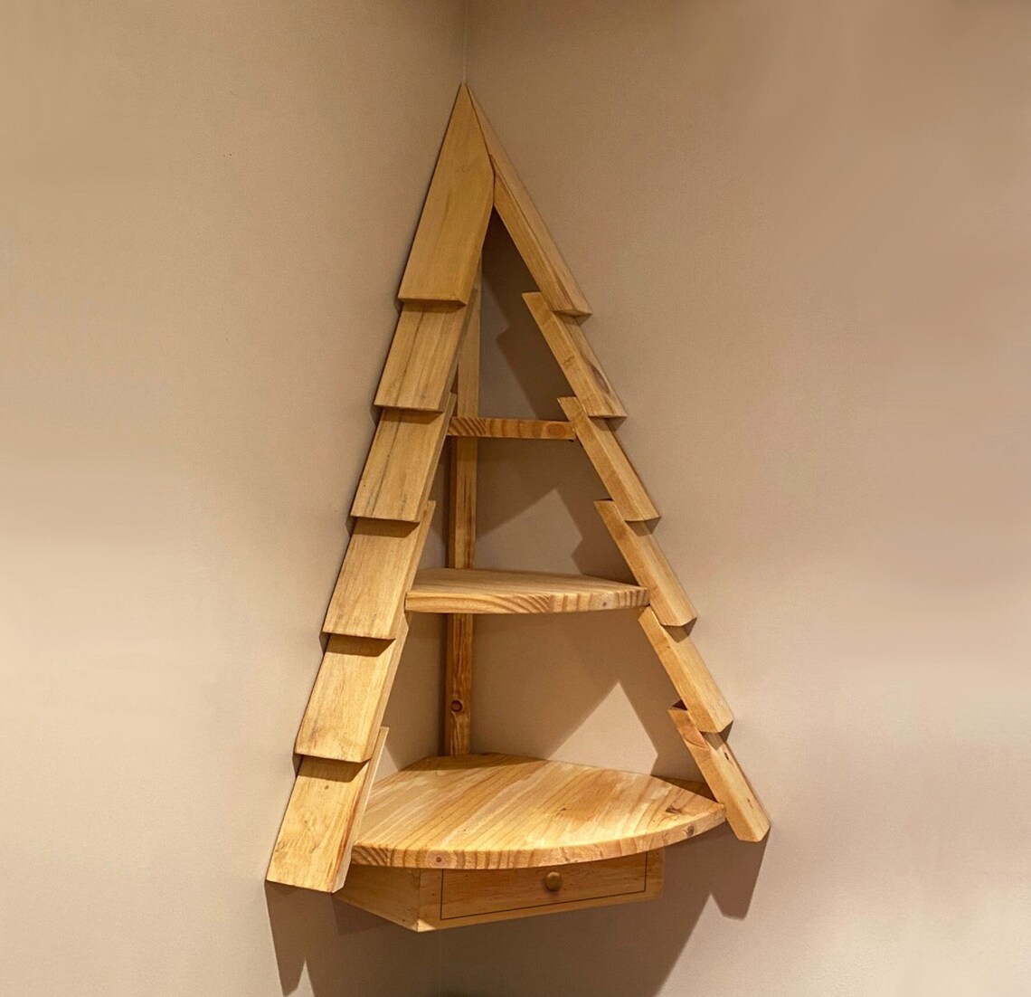 Corner Tree Shelf With Drawer Christmas Shelf Rustic Decor - Etsy