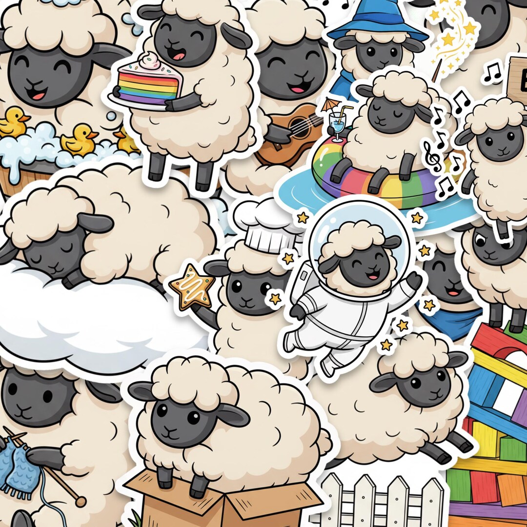 Glossy Vinyl Sheep Sticker Pack 15pc Cartoon Lamb Decals for Water ...