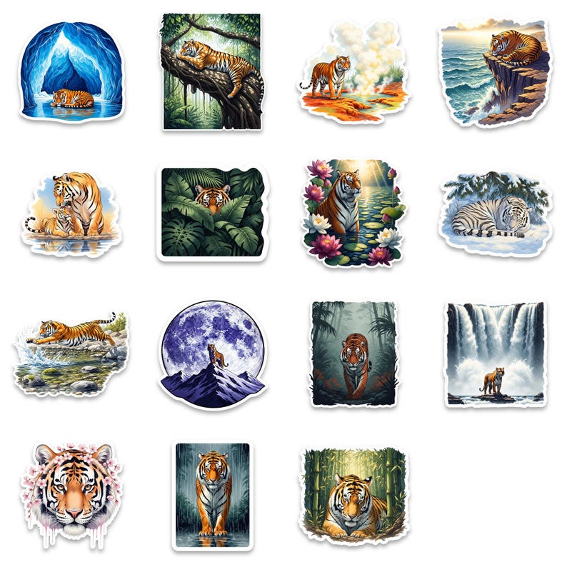 Tiger Sticker-pack 15 Glossy 2-inch Vinyl Animal-stickers Illustrated ...