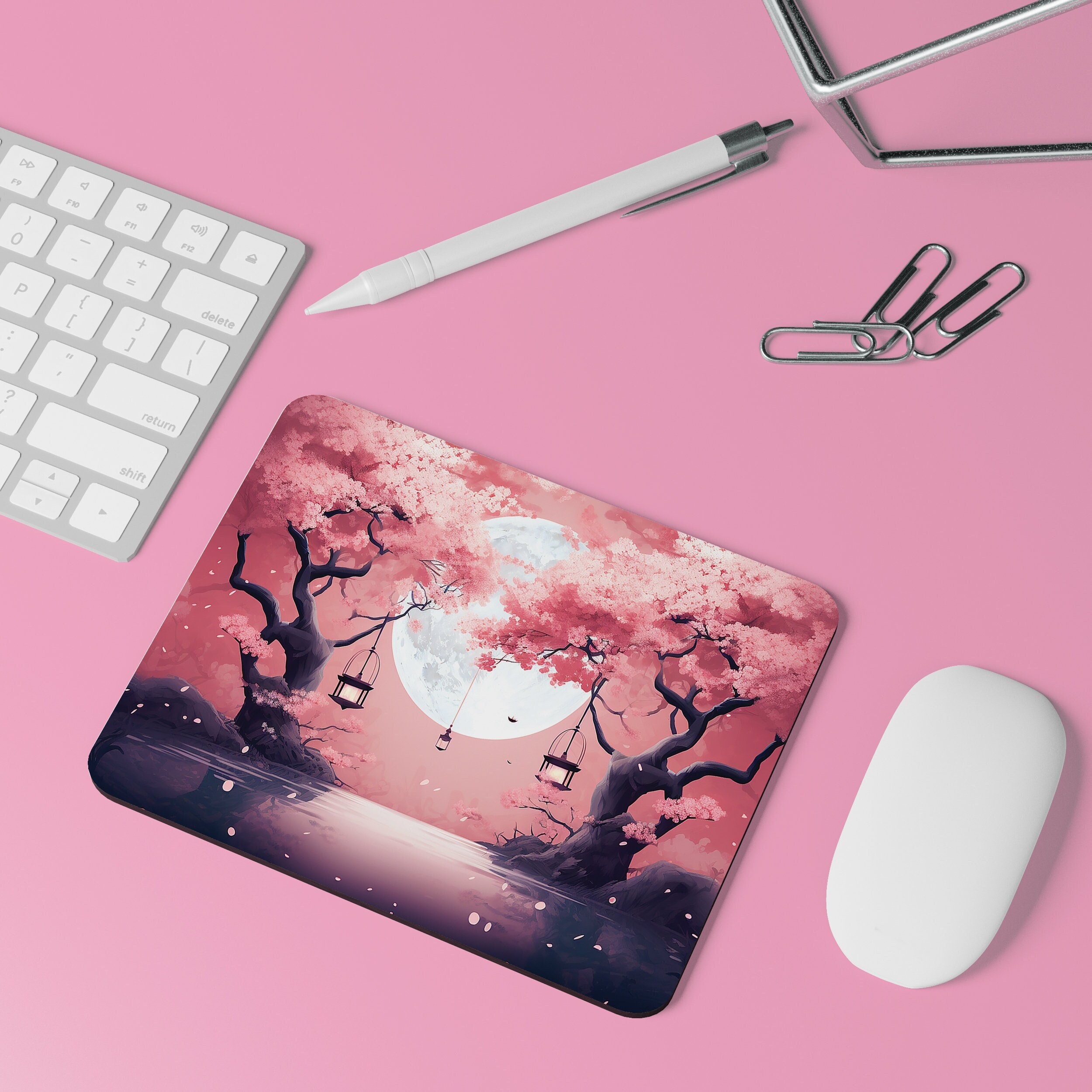 Cherry Blossom Full Moon Mouse Pad, Floral Computer Accessory ...