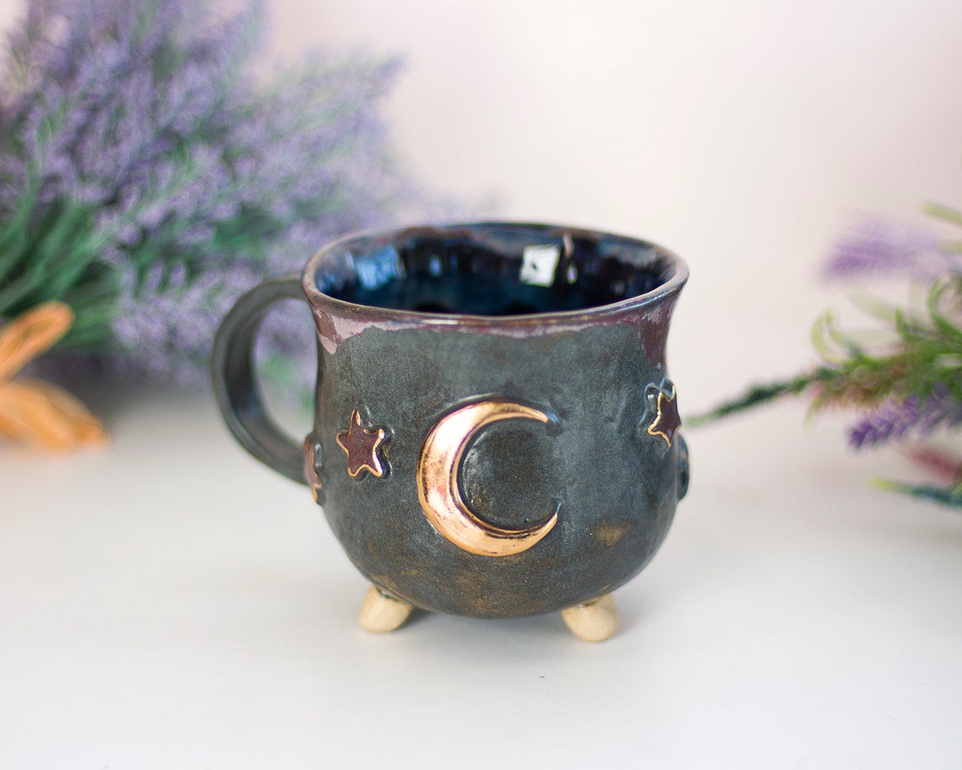 Cauldron Mug With Gold Moon and Stars, Handmade Pottery Ceramic Coffee ...