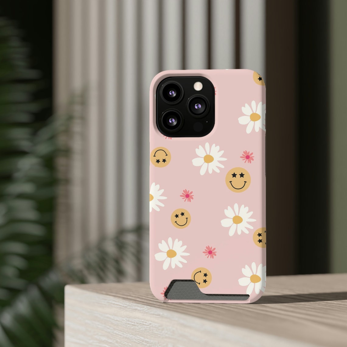 Retro Smiley Face and Flower Phone Case With Card Holder, iPhone Case ...