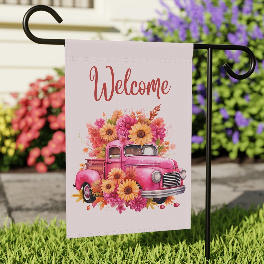 Pink Pickup Truck Garden & House Banner, Welcome Garden Flag, Autumn ...