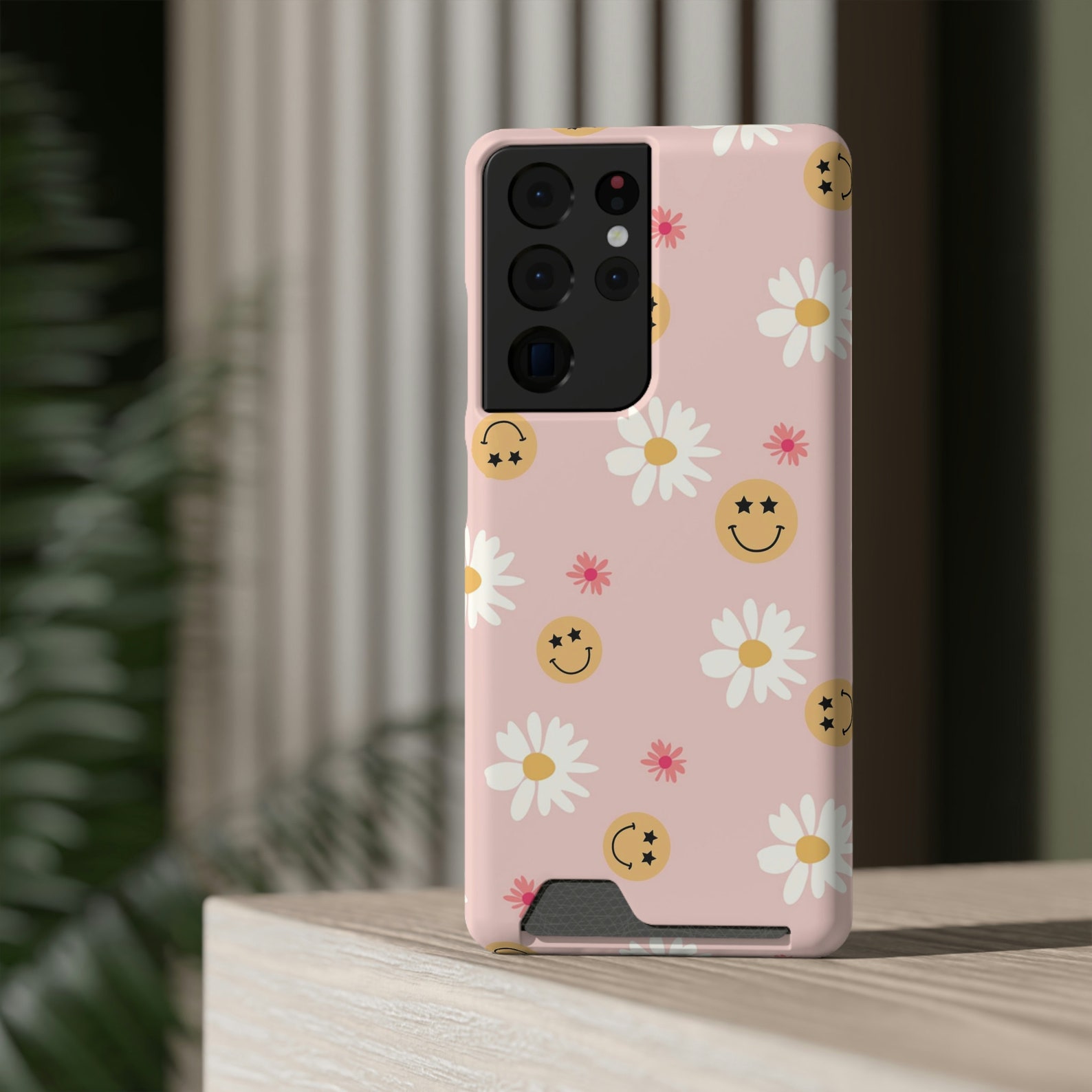 Retro Smiley Face and Flower Phone Case With Card Holder, iPhone Case ...