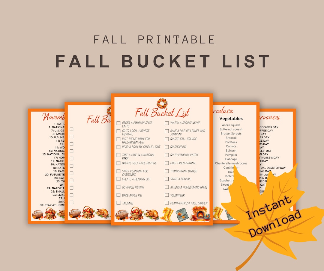 Fall Bucket List Printable, Autumn Décor, Seasonal Printable, Fall ...