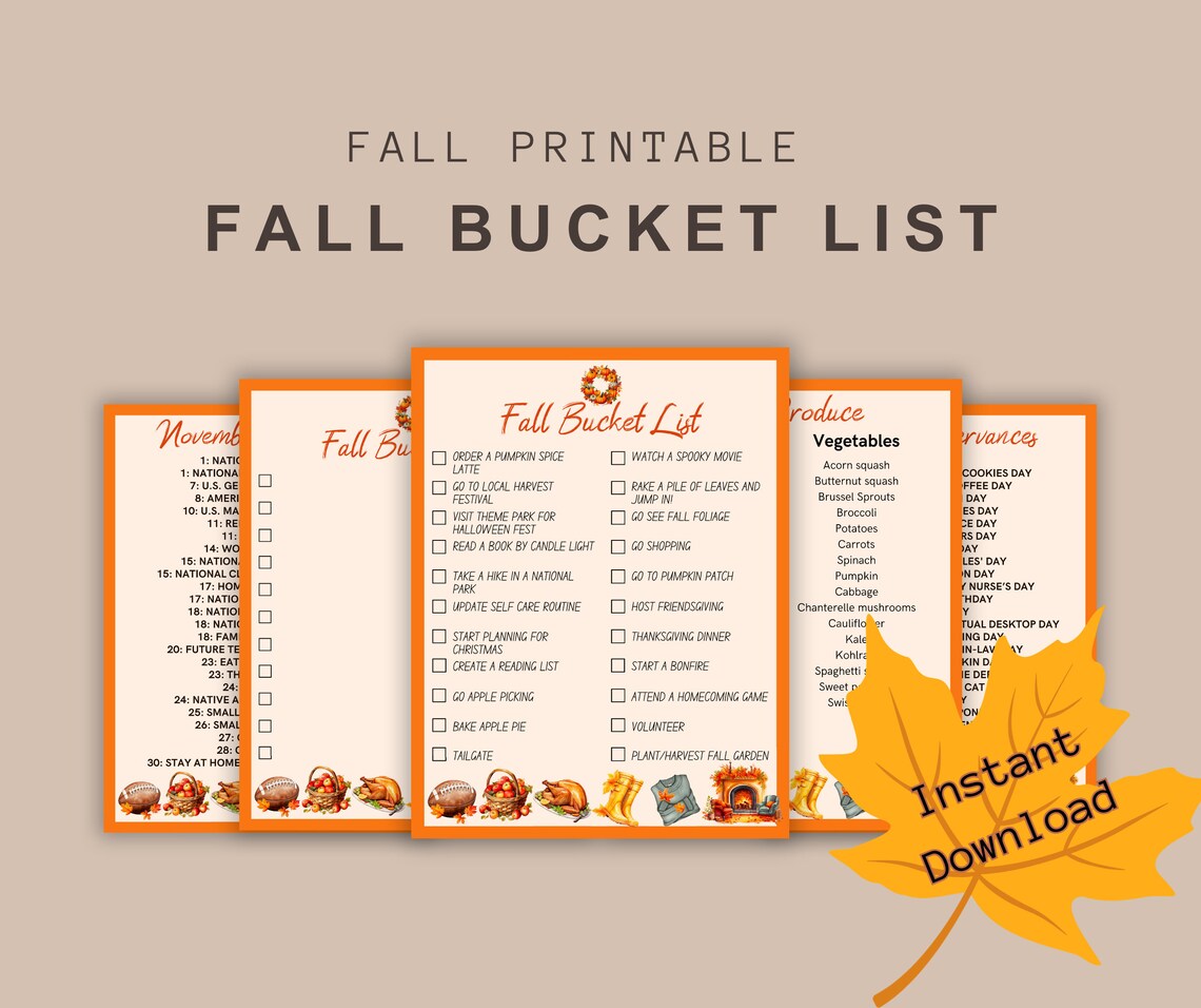 Fall Bucket List Printable, Autumn Décor, Seasonal Printable, Fall Bucket List Template, Fall ...
