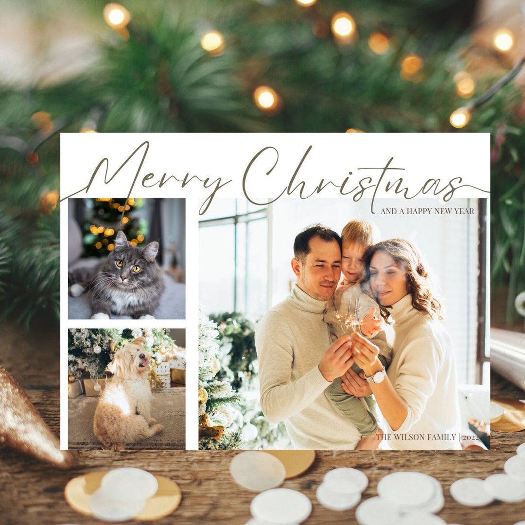 Digital Christmas Card, Editable Template, 7X5, 3 Photo, Holiday Card ...