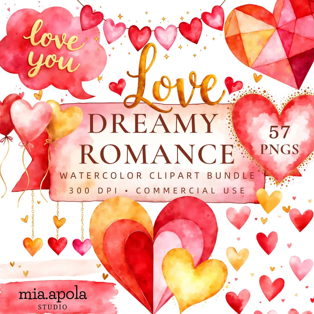 Watercolor Heart Clipart Bundle 57 PNG Romantic Love Elements Frames ...