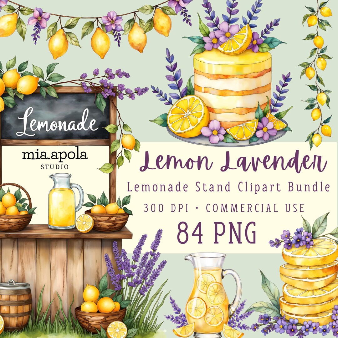 Lemon Lavender Lemonade Stand Clipart Bundle, Citrus Floral PNG, Summer ...
