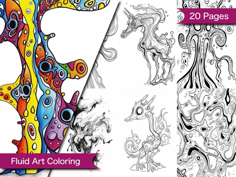 Abstract Fluid Art Coloring Page, Monochromatic Black & White, 8.5x11 ...