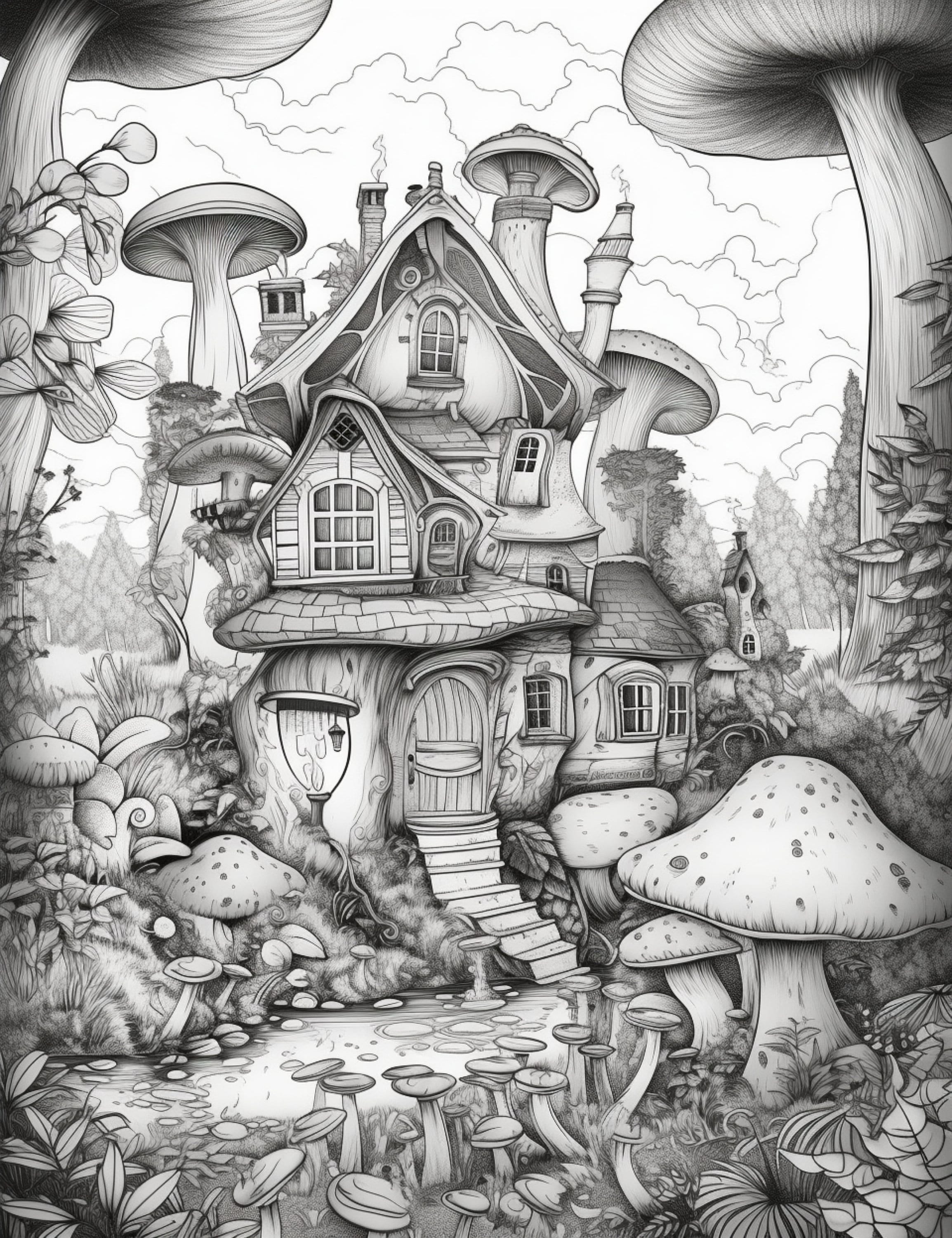 Enchanted Mushroom Coloring Book Mushroom House Mushroom Coloring ...