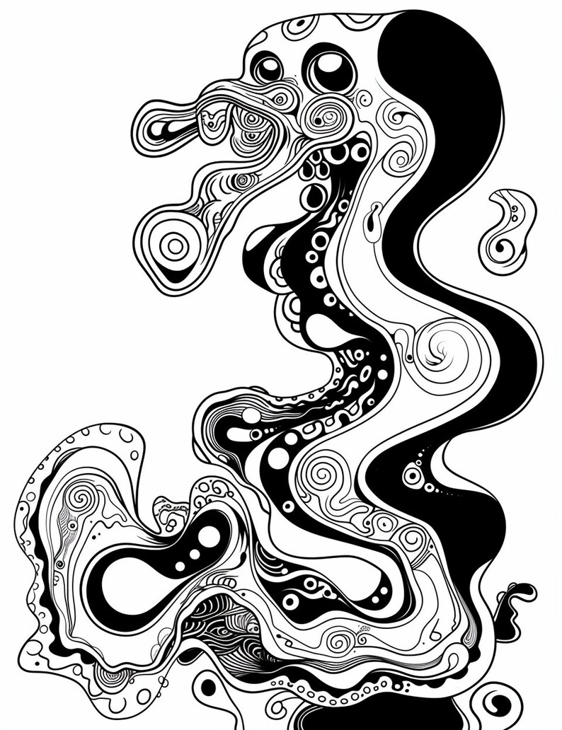 Abstract Fluid Art Coloring Page, Monochromatic Black & White, 8.5x11 ...