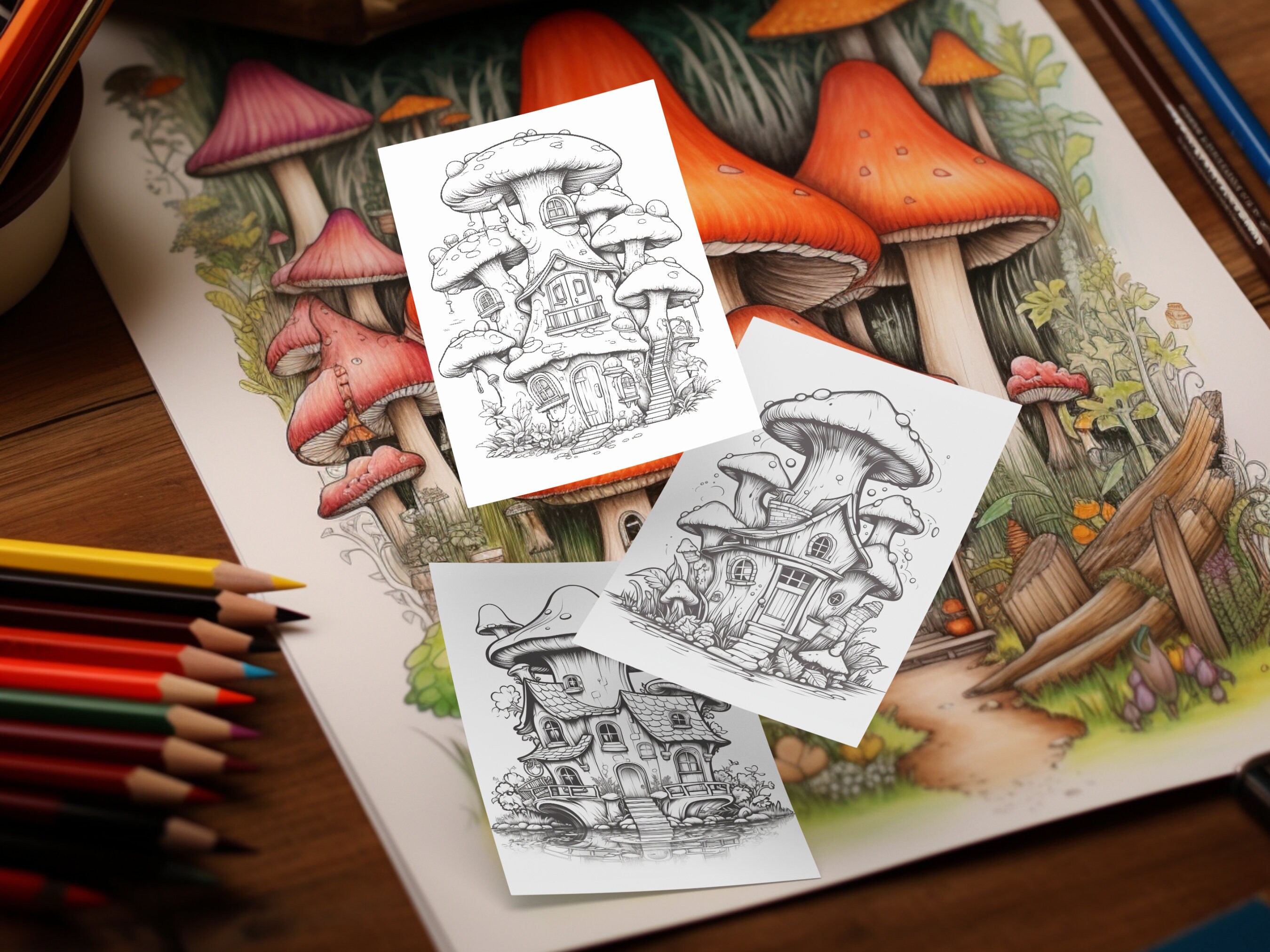 Enchanted Mushroom House Coloring Book - Whimsical Forest Illustrations ...