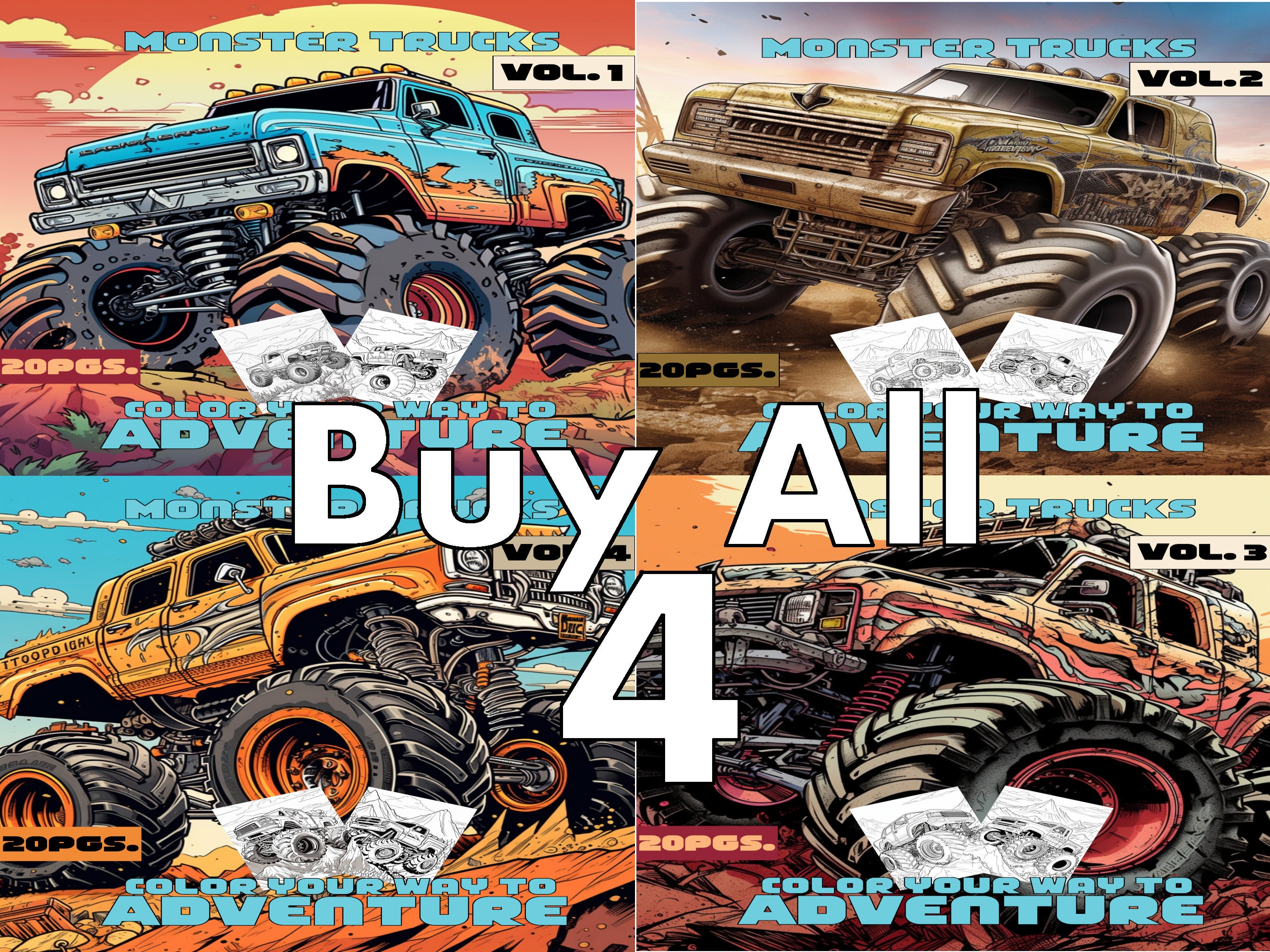 Monster Truck Action Packed Coloring Book With Unique Art Activities ...
