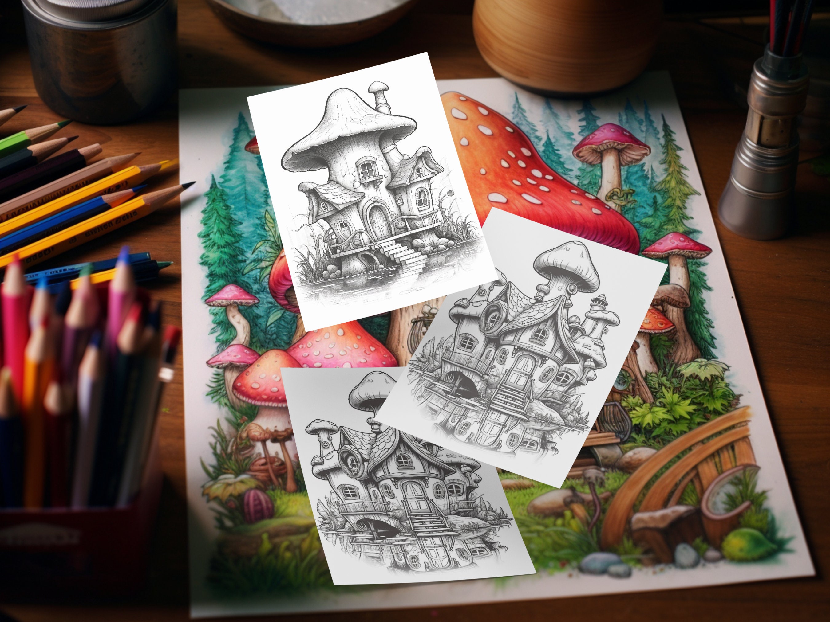 Enchanted Mushroom House Coloring Book - Whimsical Forest Illustrations ...