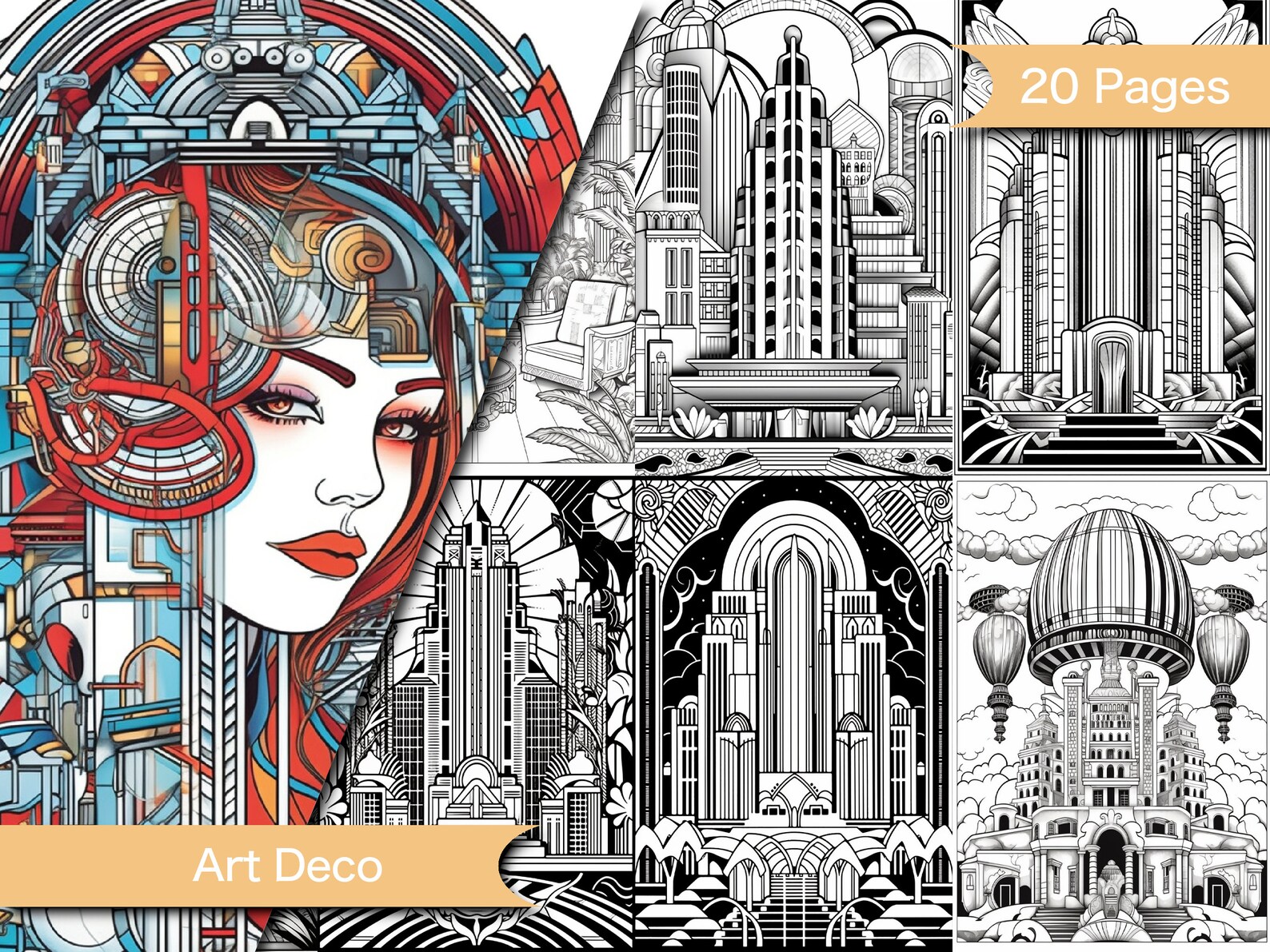 Vintage Art Deco Coloring Pages - Instant Download, Retro Designs ...