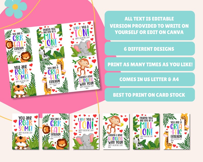 EDITABLE Printable Jungle Valentine Card, Classroom Valentines Day Card ...