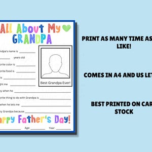 Father's Day Printable, All About My Grandpa, Fathers Day Gift, Card ...