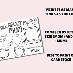 Mother's Day Printable, All About My Mum, Mothers Day Gift, Card for ...