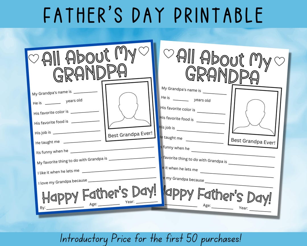 Fathers Day Printable, All About My Grandpa, Fathers Day Gift, Card for ...