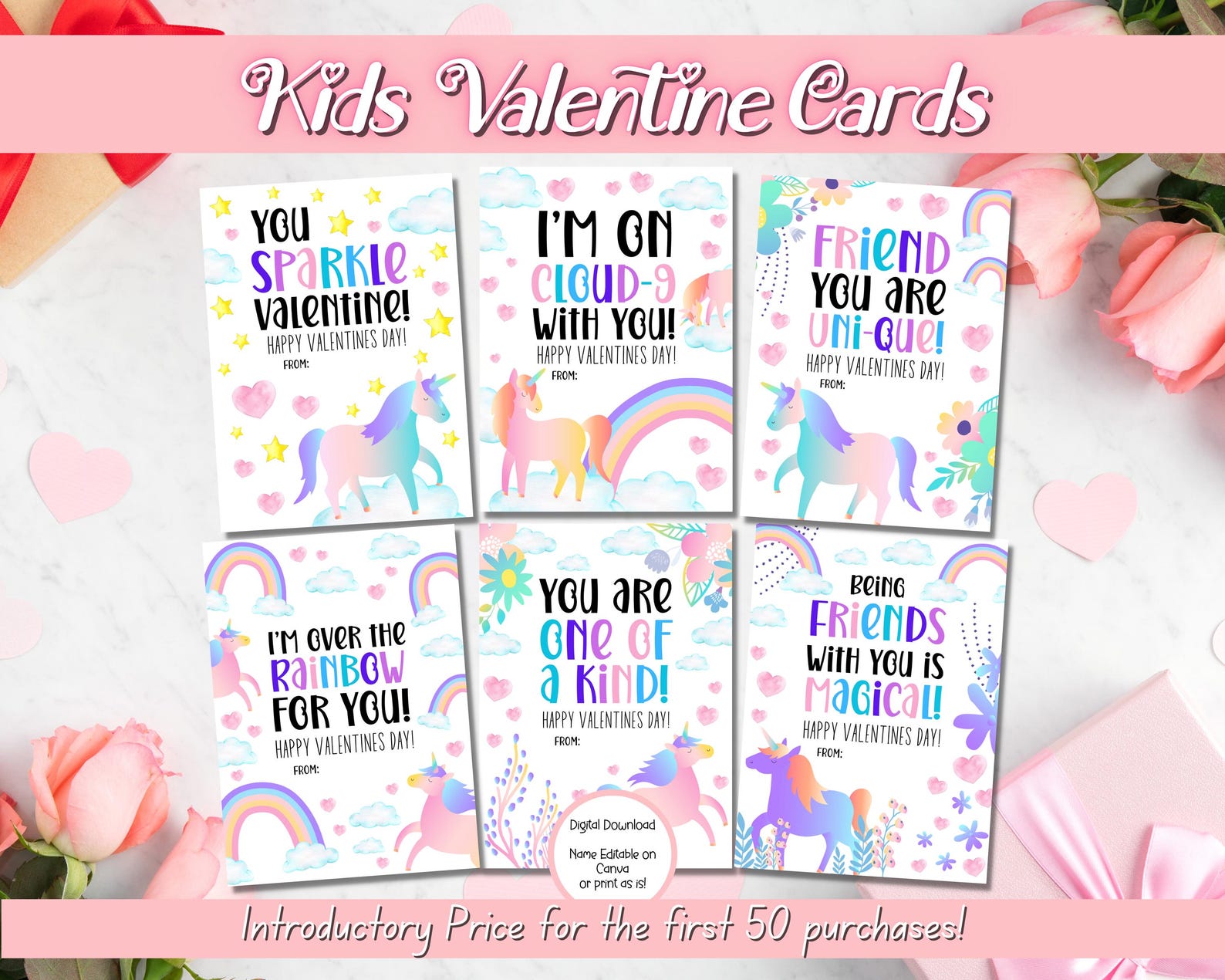 EDITABLE Printable Unicorn Valentine Card, Classroom Valentines Day ...