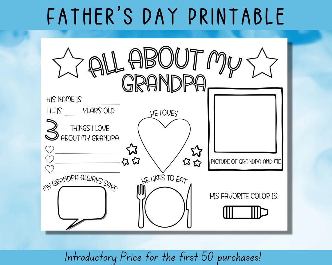 Father's Day Printable, All About My Grandpa, Fathers Day Gift, Card ...