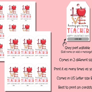 EDITABLE Teacher Valentine Gift Tags, Valentine Teacher Gift, Printable ...
