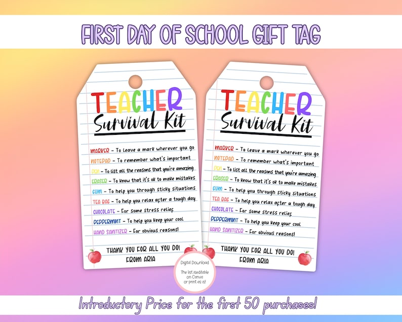 EDITABLE Teacher Survival Kit, First Day of School Gift Tag, Back to ...
