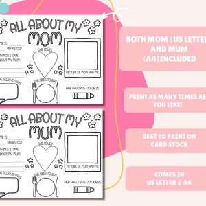 Mother's Day Printable, All About My Mum, Mothers Day Gift, Card for ...